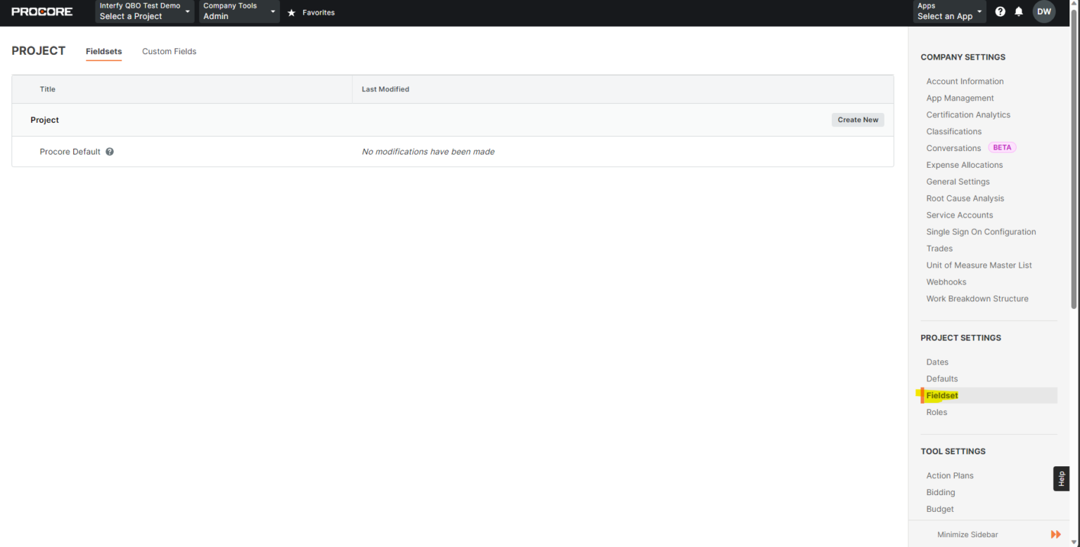 Project Setup for integration to Quickbooks Online using Procore Custom ...